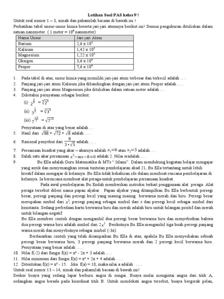 Soal Latihan Pas KLS 9 Ganjil 2021-2022 | PDF