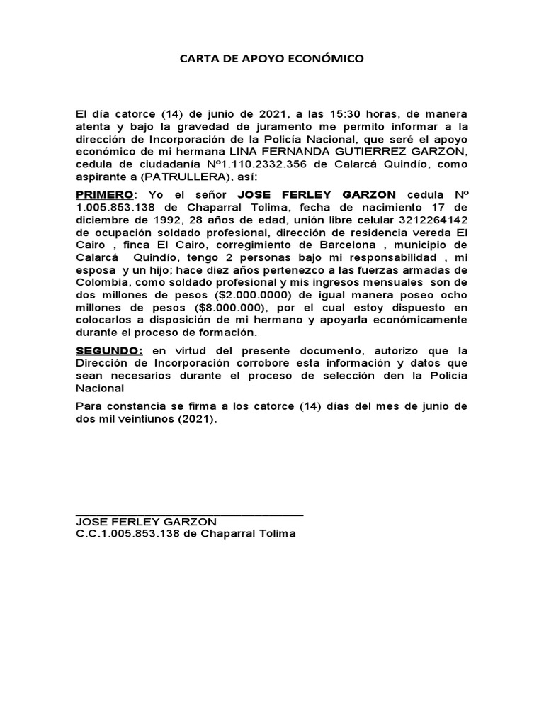 Carta De Apoyo Económico Lina Fernanda Pdf