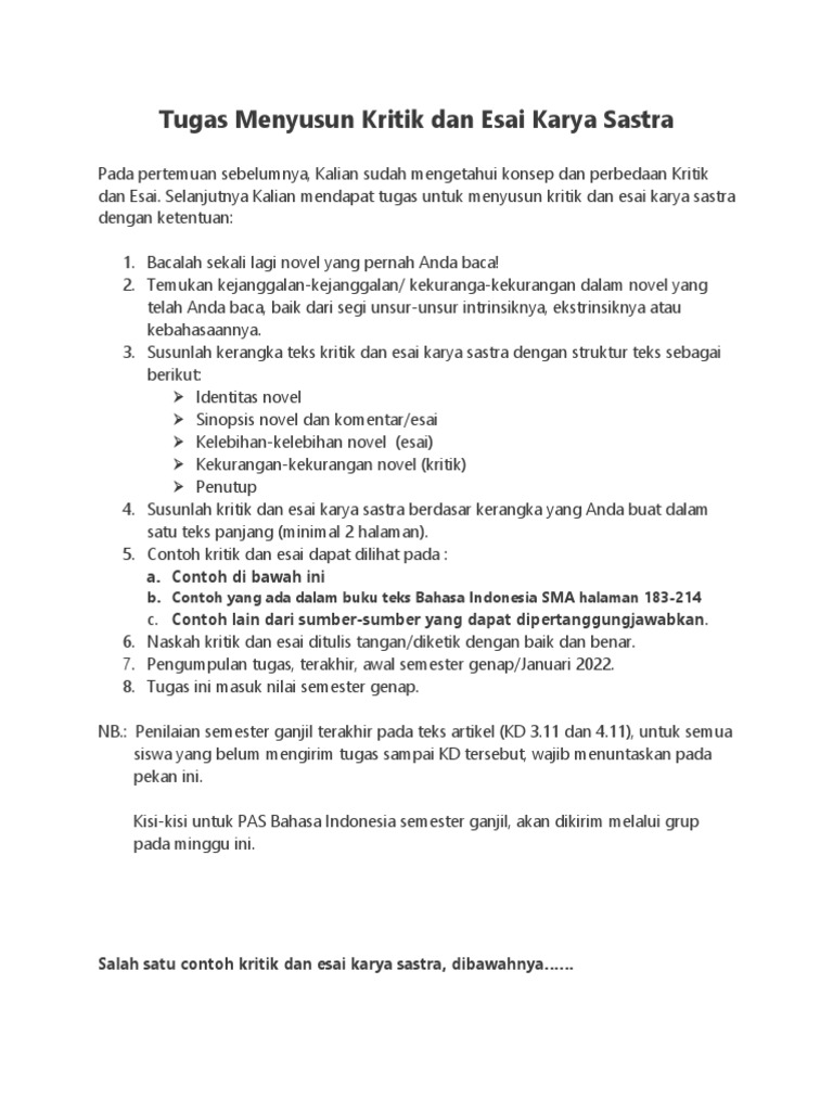 Tugas Menyusun Kritik Dan Esai Karya Sastra | PDF