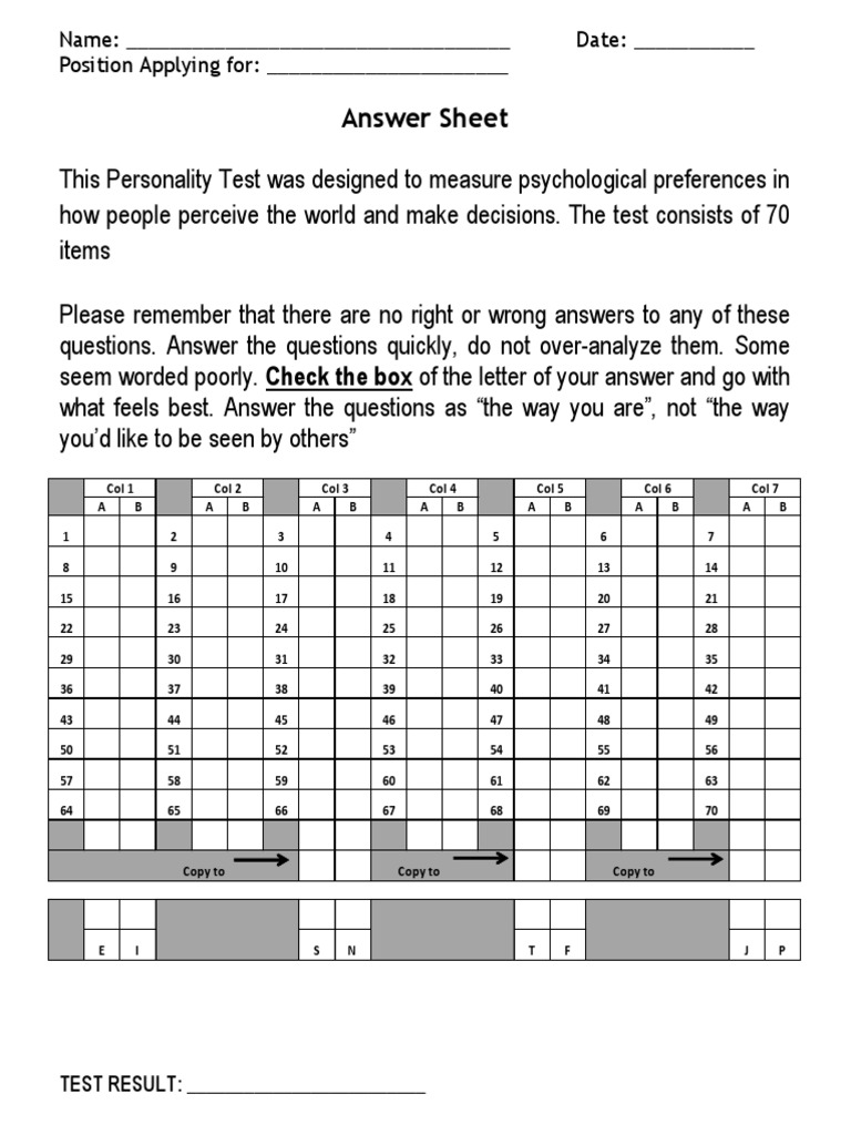 MBTI Answer Sheet 1 | PDF | Social Psychology | Mental Processes
