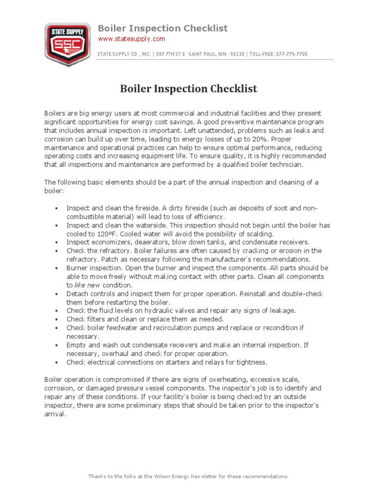 Boiler Inspection Checklist | Download Free PDF | Boiler | Valve