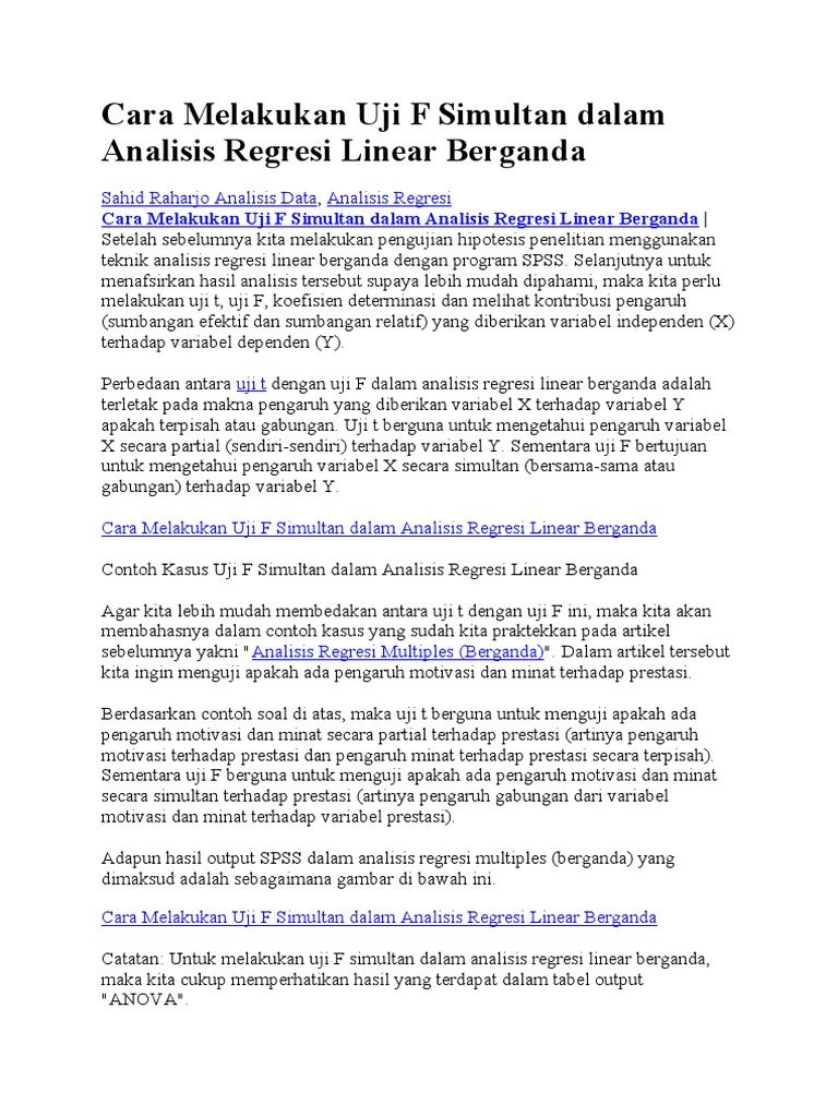 Cara Melakukan Uji F Simultan Dalam Analisis Regresi Linear Berganda | PDF