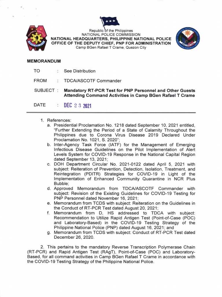 Mandatory RT-PCR Test For PNP Personnel and Other Guests Attending ...