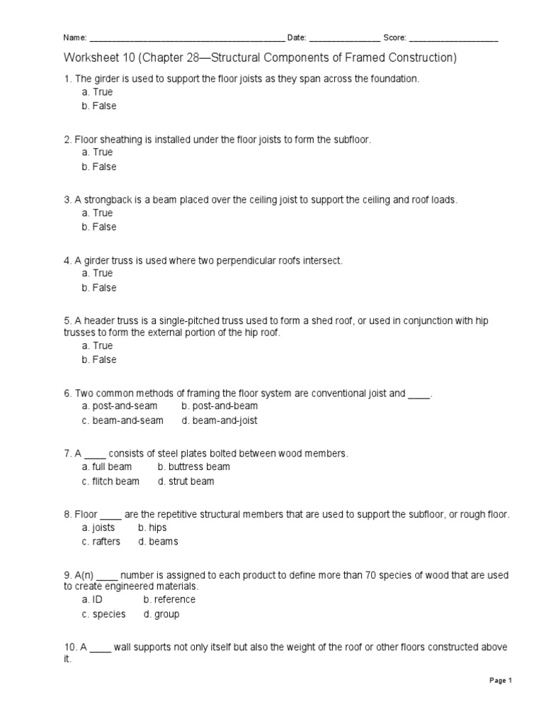 Worksheet 10 (Chapter 28-Structural Components of Framed Construction ...