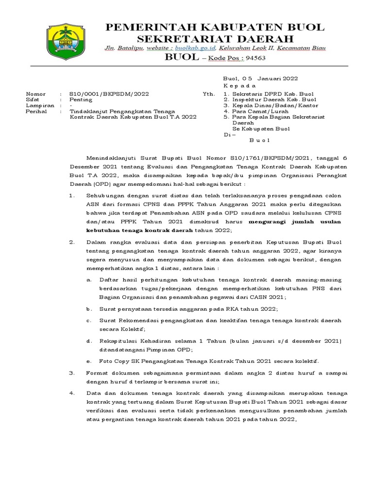 Surat Evaluasi Tenaga Kontrak 2022 | PDF