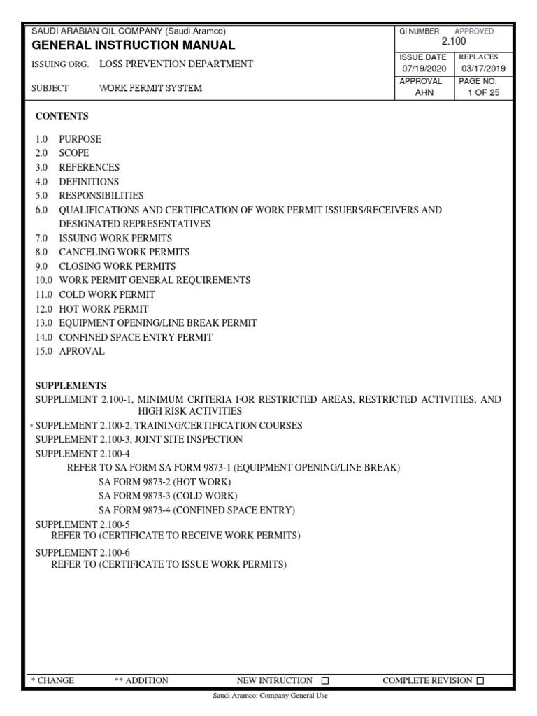 Saudi Aramco Work Permit System GI 2.100 | PDF | Emergency | Safety