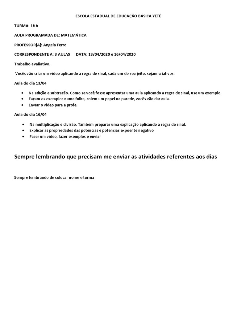 Aula Programada 13.04.2020 A 30.04.2020 | PDF | Números | Matemática