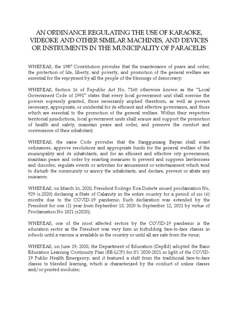 An Ordinance Regulating The Use of Karaoke | PDF | Public Law | Government