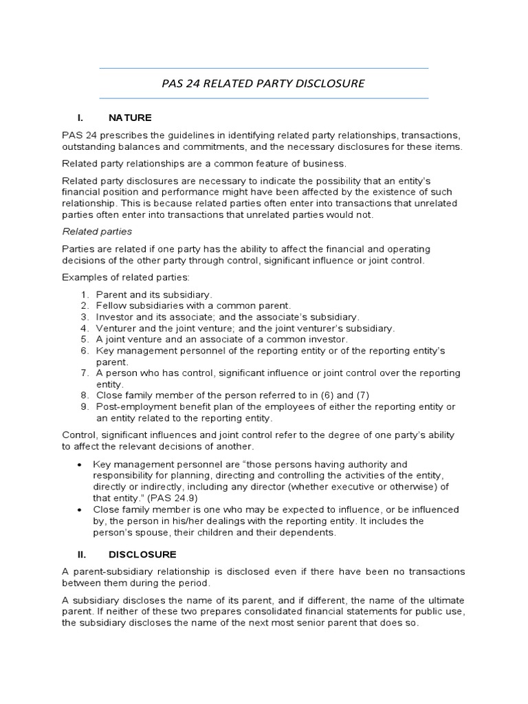 PAS 24 Related Party Disclosure Guidelines | PDF | Subsidiary ...