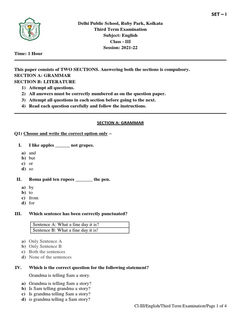 Class 3 - English - Third Term Qp-Set-1 (Revised) | PDF | Cakes