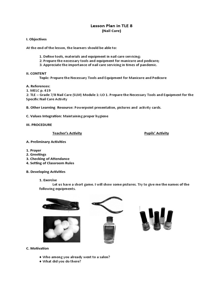 Lesson Plan in TLE 8 Nail Care | PDF | Nail (Anatomy) | Integumentary ...