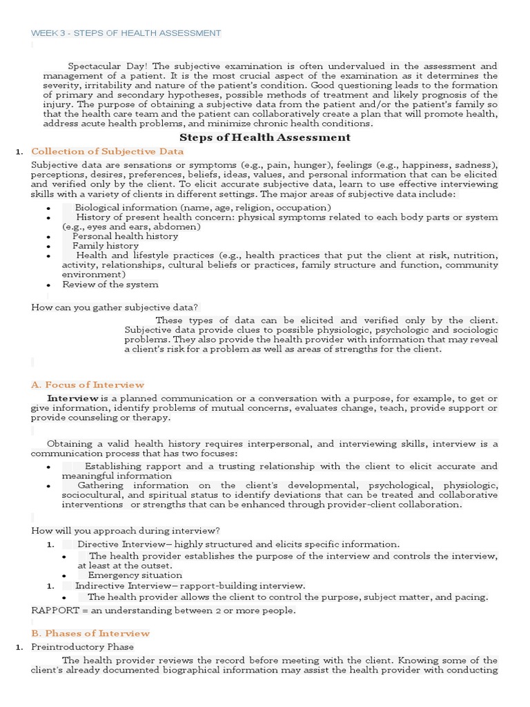 Steps of Health Assessment: Collection of Subjective Data | PDF ...