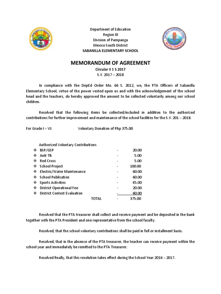 Memorandum of Agreement: Sabanilla Elementary School | PDF