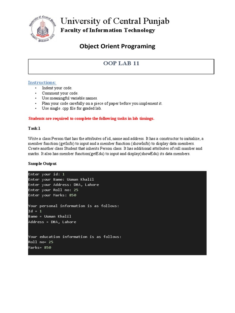 University of Central Punjab: Object Orient Programing | PDF | Computers