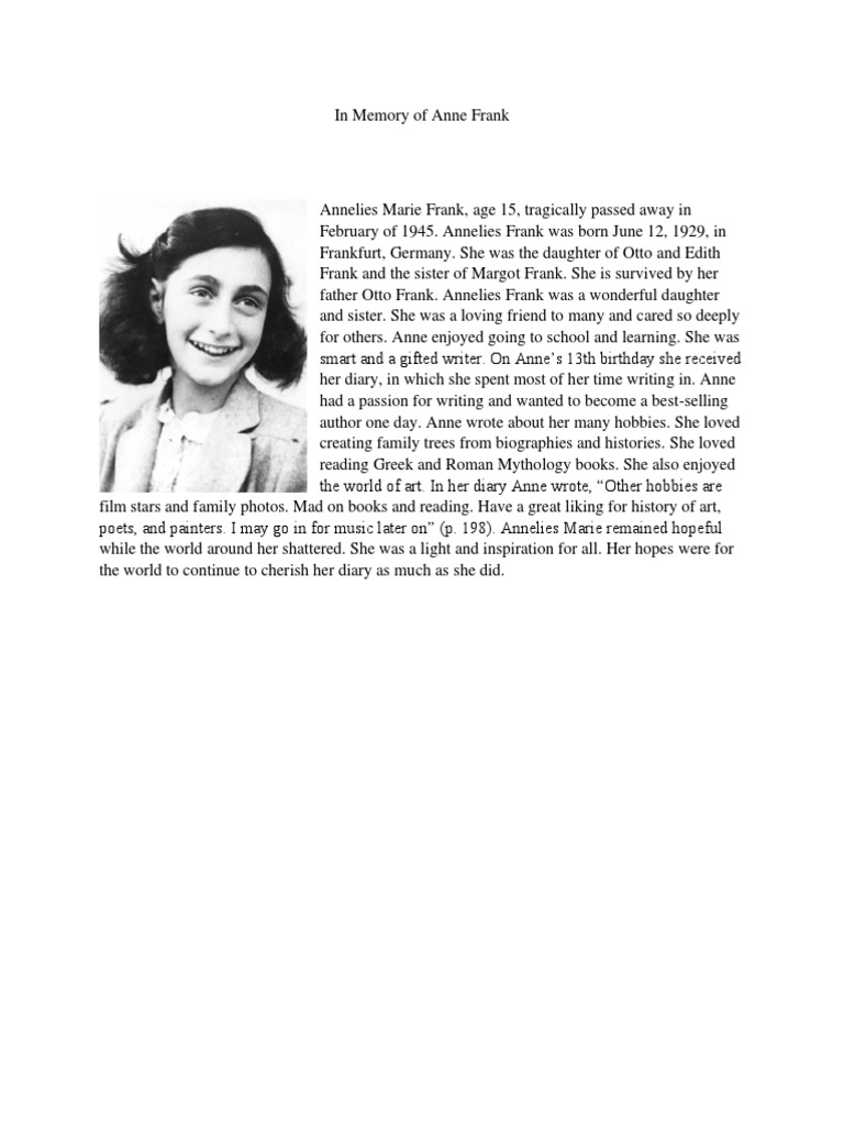 In Memory of Anne Frank | PDF