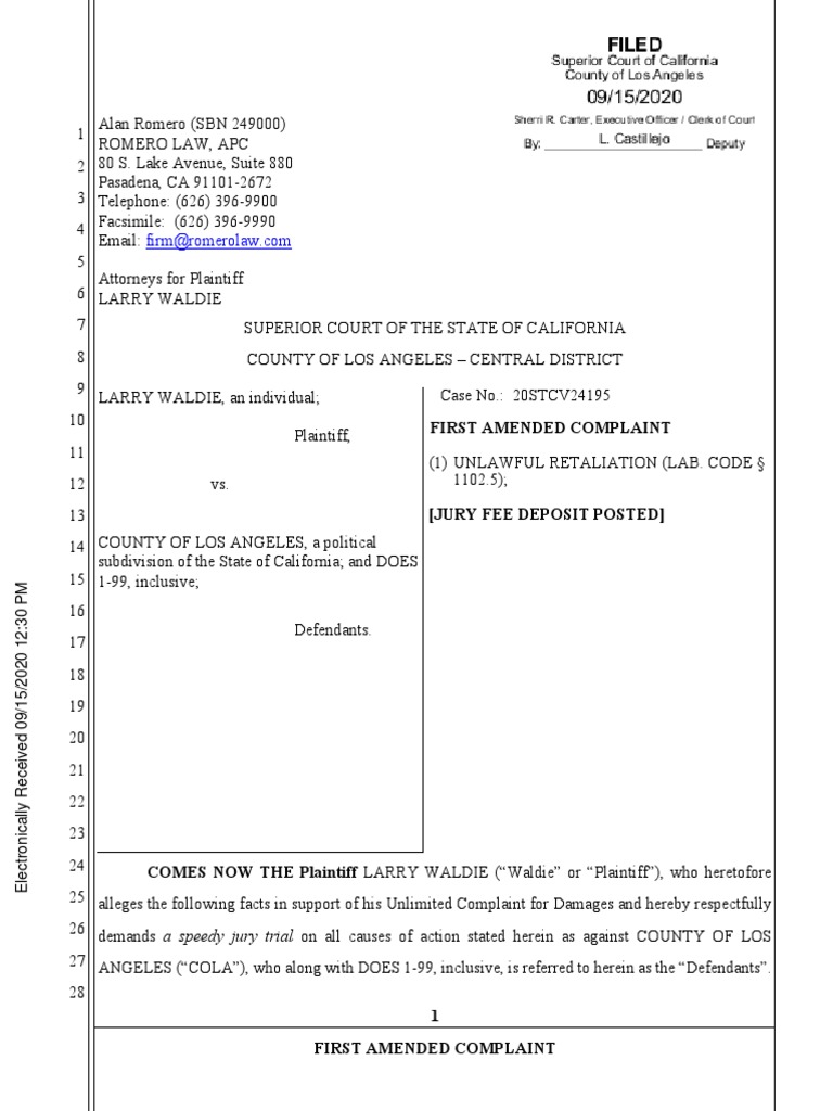 Larry Waldie v. County of Los Angeles - First Amended Complaint | PDF | Employment | Complaint