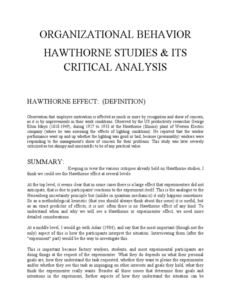 Hawthorne Effect: Definition & Criticism | PDF | Scientific Method ... Hawthorne Effect: Definition & Criticism | PDF | Scientific Method ...