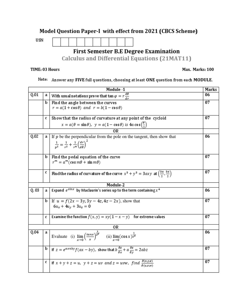 21MAT11 Calculus Differential Equations 2022 Model Question Paper 1 ...