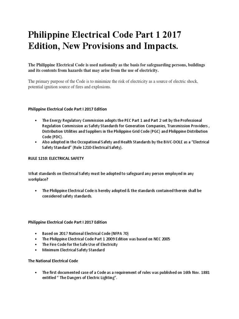 Philippine Electrical Code Part 1 2017 Edition, New Provisions and ...