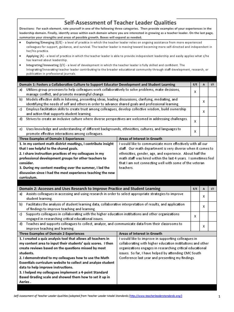 Self-Assessment of Teacher Leader Qualities | PDF | Learning | Leadership