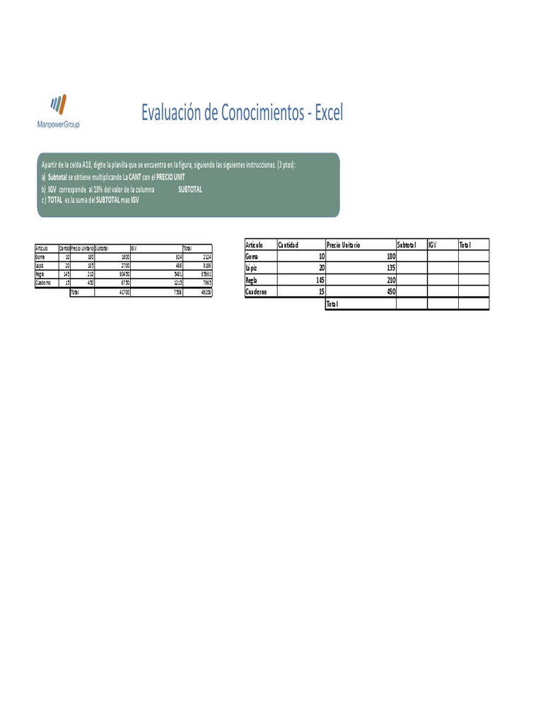 1examen de Excel Manpower - Formulas | PDF