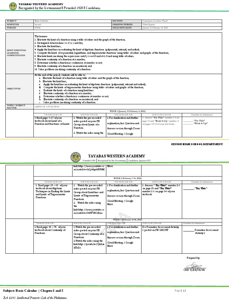 SG - Q3 - Basic Calculus - Week 1-3 - CVDS | PDF | Function (Mathematics) | Polynomial
