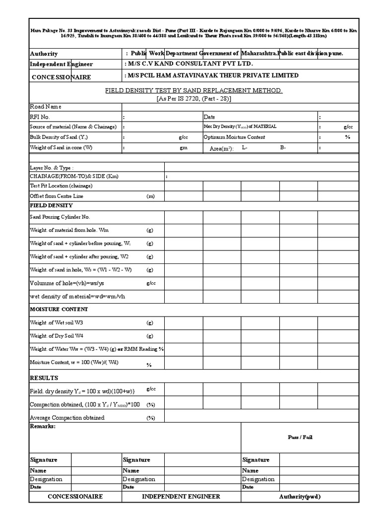 Field Density Test by Sand Replacement Method. (As Per IS 2720, (Part ...