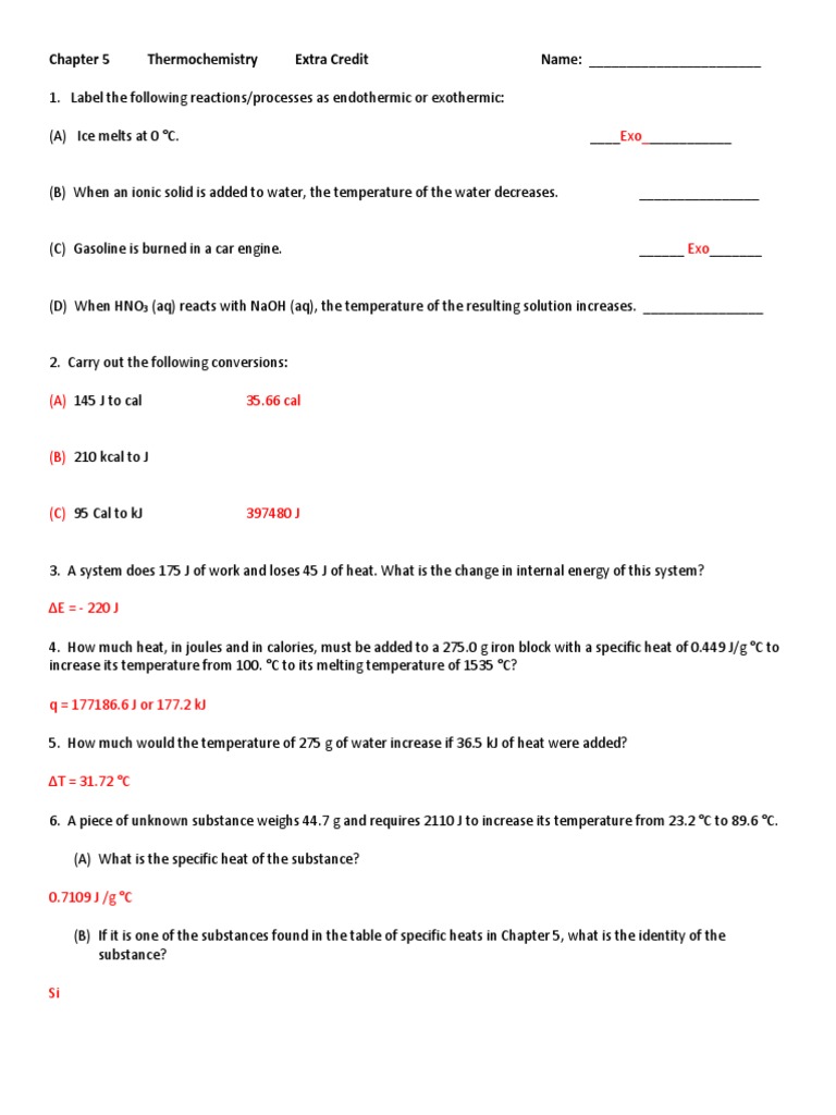 Thermochemistry Extra Credit Name | PDF | Calorie | Chemistry