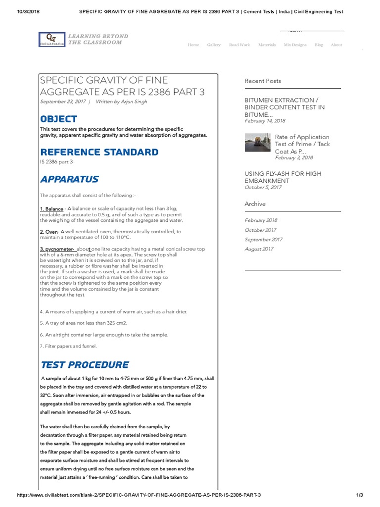 SPECIFIC GRAVITY OF FINE AGGREGATE AS PER IS 2386 PART 3 - Cement Tests ...
