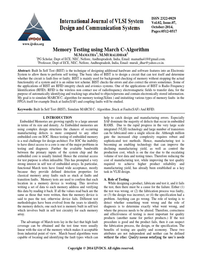 Memory Testing Using March C-Algorithm: M.M, M.M | PDF | Integrated ...