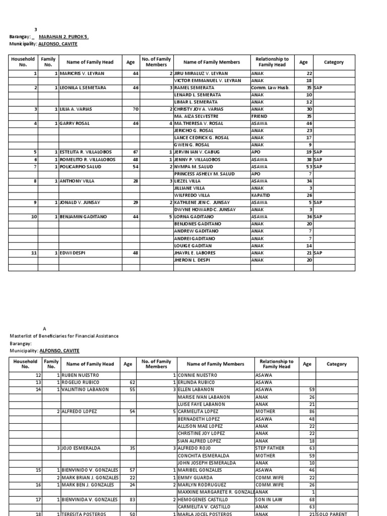 Household Beneficiary Masterlist | PDF