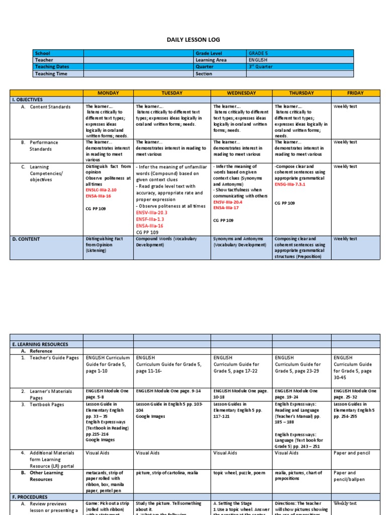 Daily-Lesson-Log - English Grade 5 | PDF | English Language | Curriculum