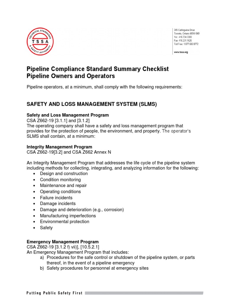 Pipeline Compliance Standard Summary Checklist Pipeline Owners and ...