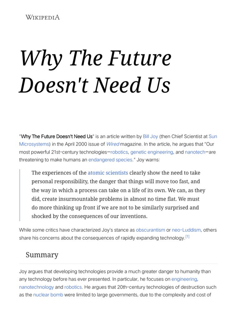 Why The Future Doesn't Need Us - Wikipedia | PDF | Technological Change ...