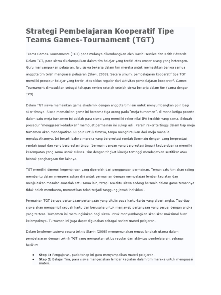 Strategi Pembelajaran Kooperatif Tipe Teams Games | PDF