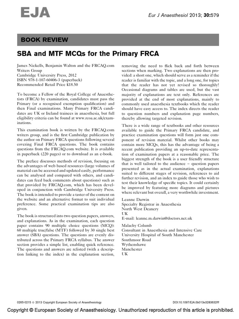 Sba and MTF Mcqs For The Primary Frca: Book Review | PDF | Books ...