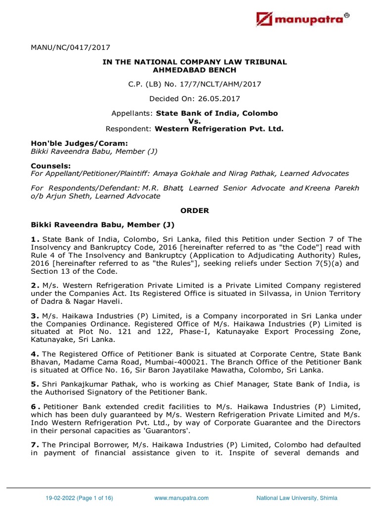 Bikki Raveendra Babu, Member (J) | PDF | Guarantee | Bankruptcy