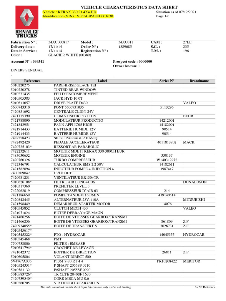 VEHICLE DATA SHEET FOR KERAX 330.21 4X4 HD | PDF | Truck | Axle
