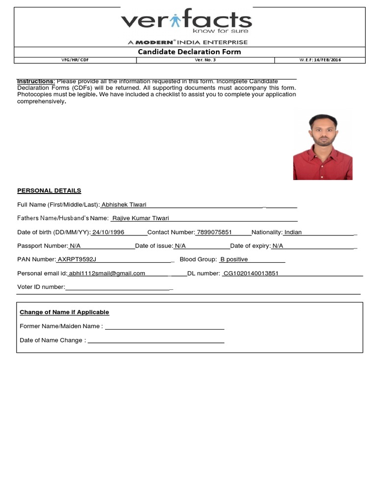 Verifacts - BGV Form (Filled) | PDF | Government