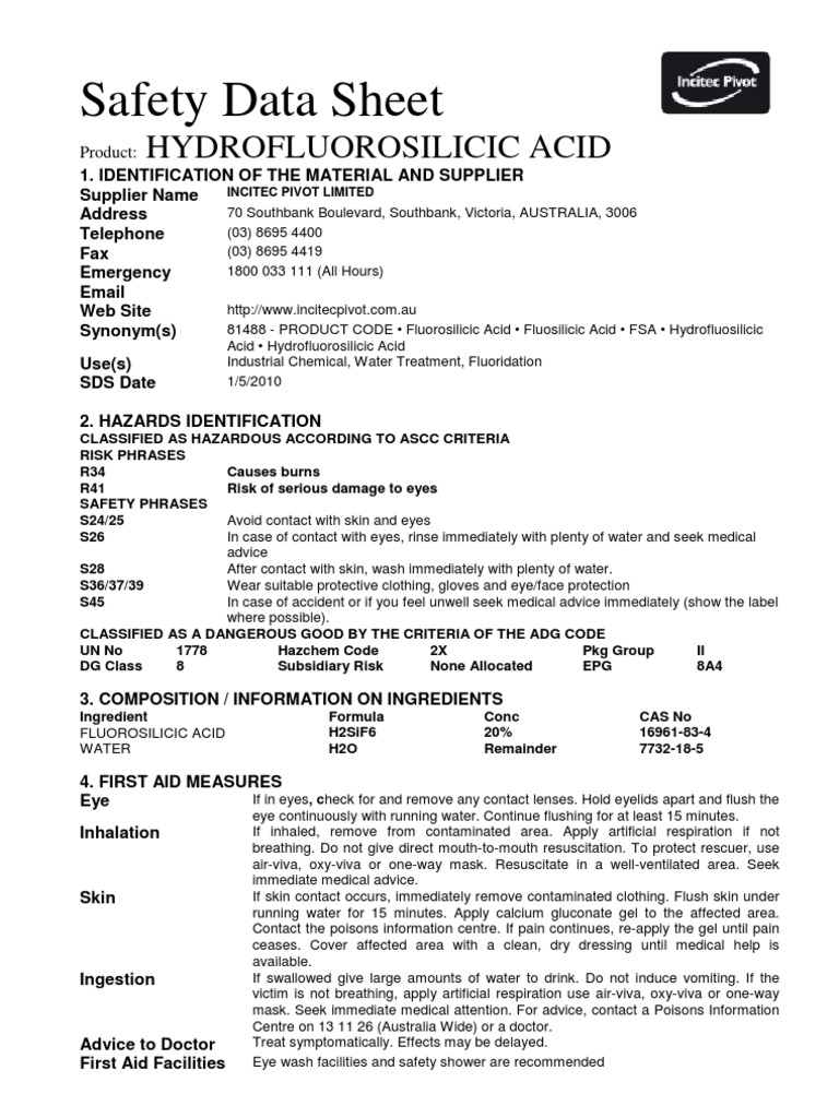 Hydrofluorosilicic Acid Safety Data Sheet | PDF | Fluoride | Fluorine