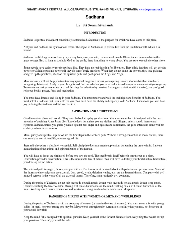 Sadhana. Spiritual Practices | PDF | Yoga | Meditation