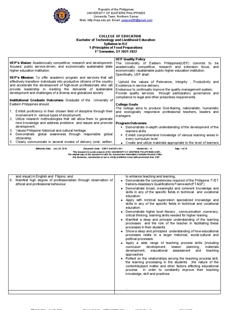 Principles of Food Preparation Syllabus | PDF | Foods | Cooking