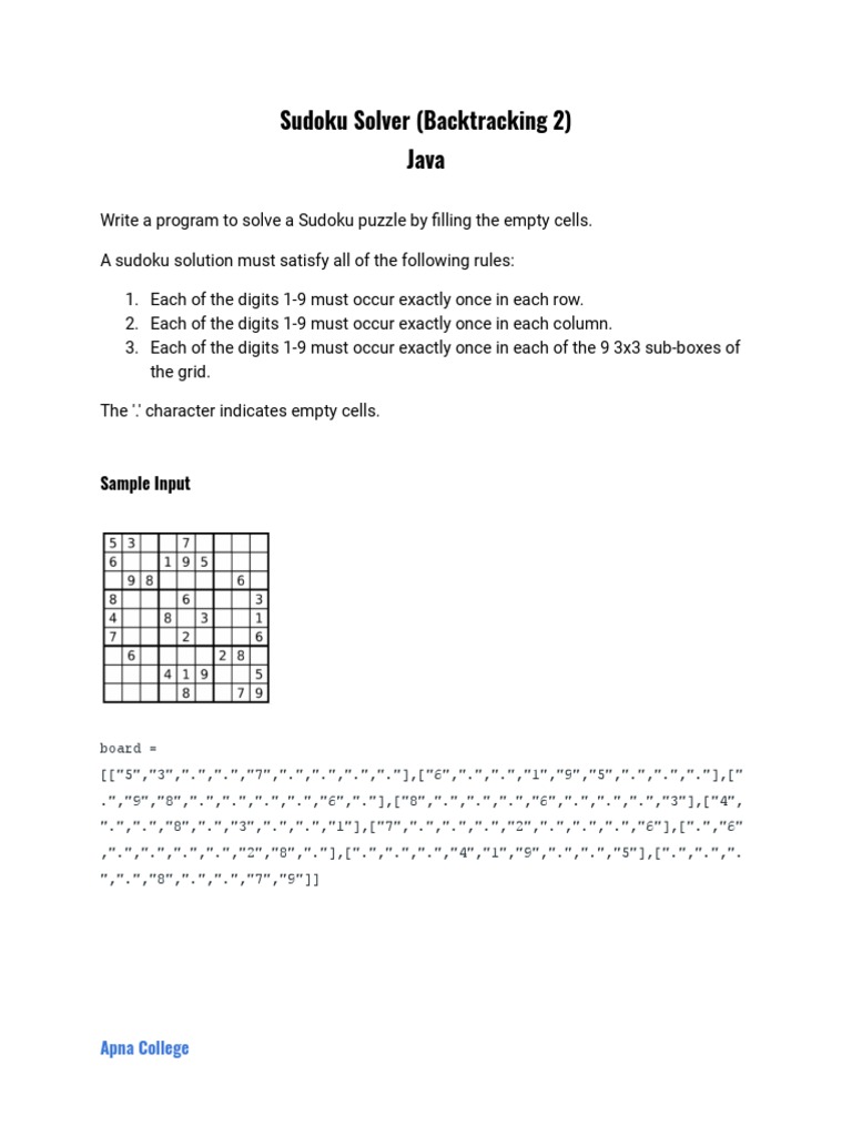 Sudoku Solver (Backtracking 2) Java: Sample Input | PDF | Computer Programming | Theoretical ...
