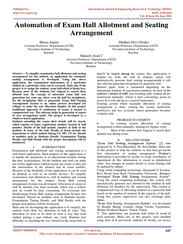 Automation of Exam Hall Allotment and Seating Arrangement IJERTV10IS060193 | PDF | Natural ...