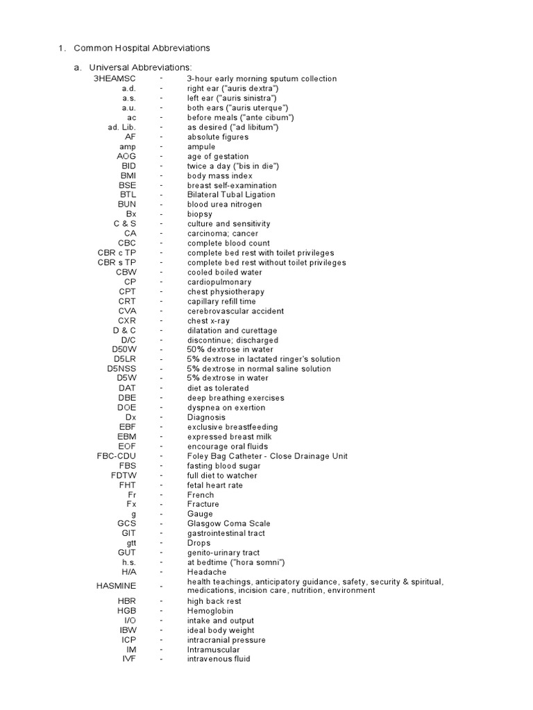 Common Hospital Abbreviations Guide | PDF | Litre | Intravenous Therapy