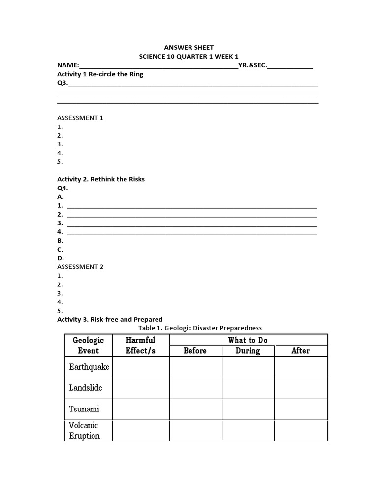 Science10 - Answer-Sheet-Q1-W1-W2 - 2021 | PDF | Disasters | Earth Sciences