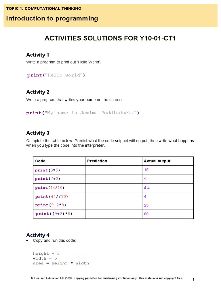 Introduction To Programming Activities Solutions For Y10-01-Ct1 | PDF