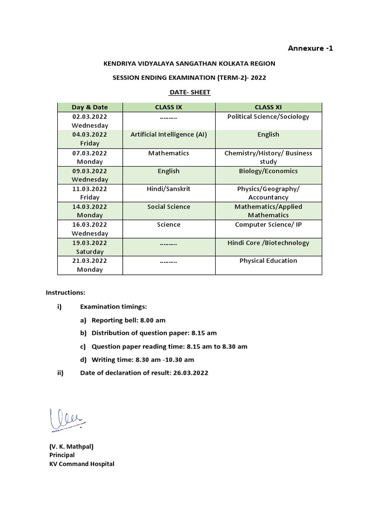 Date Sheet - Term-2 - 2022 | PDF