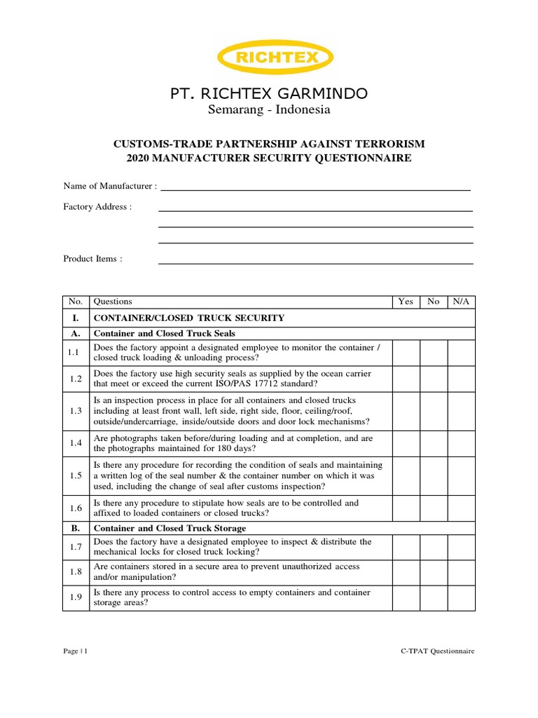 C-TPAT Questionnaire For Manufacturer 2020 | PDF | Security Guard ...