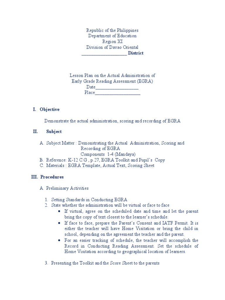 Sample Lesson Plan in The Actual Administration of EGRA | PDF | Teachers | Learning